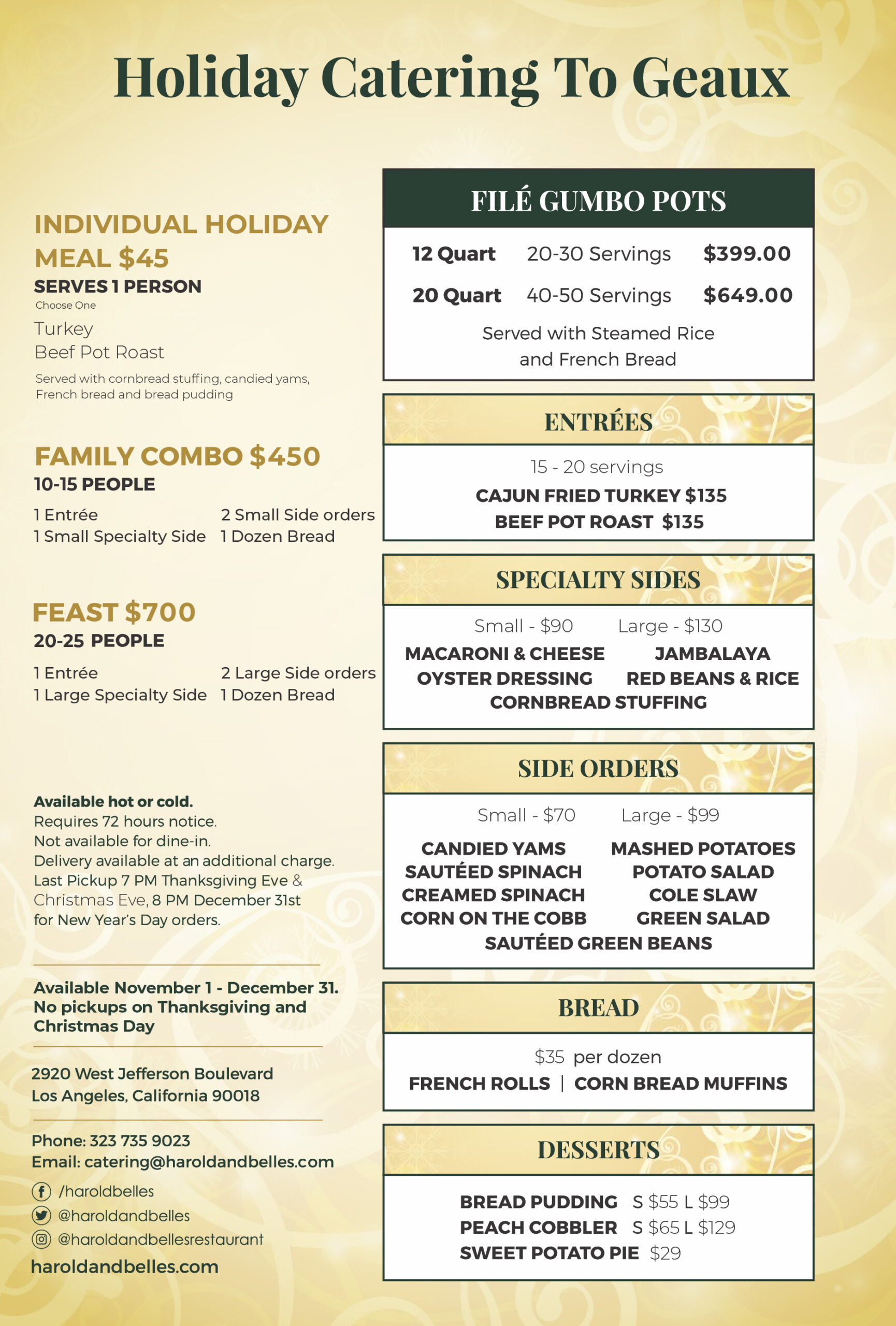 Holiday Menu | Harold & Belle's